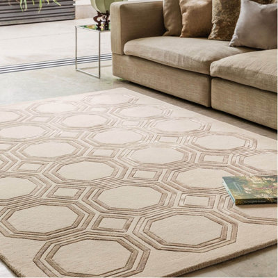 Beige Wool Handmade Luxurious Modern Geometric Rug Easy to clean Living ...