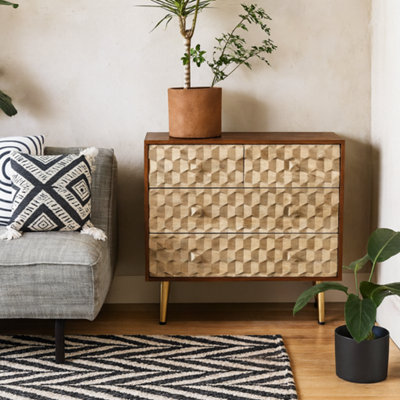 Beijing Mango Wood Chest - 4 Drawers with Gold Geometric Pattern