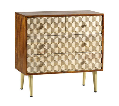 Beijing Mango Wood Chest - 4 Drawers with Gold Geometric Pattern