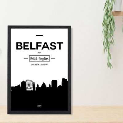 Belfast Black and White City Skyline Art Print with Black Frame SIZE: A4