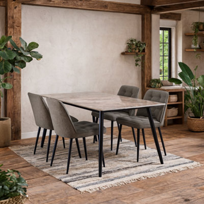 Belfast Brown Ceramic Dining Table with Black Steel Base and 4 Taupe ...