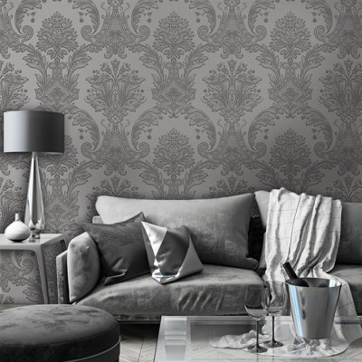Belgravia Amara Damask Heavyweight Textured Vinyl Wallpaper Grey 7372