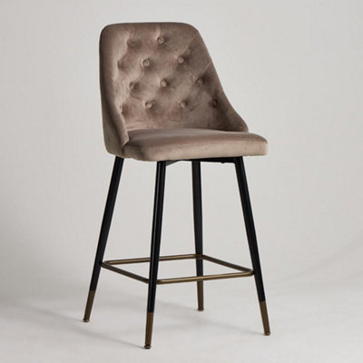 Belgravia Bar Stool Velvet Buttons Back Mink Brown Seat Black Brass Base 66cm | DIY at B&Q