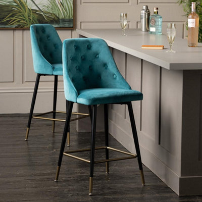 Belgravia Bar Stool Velvet Buttons Back Turquoise Seat Black Brass Base ...