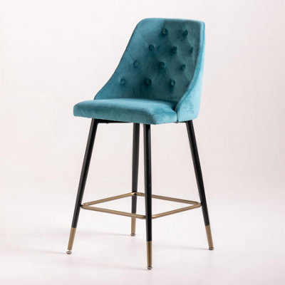 Belgravia Bar Stool Velvet Buttons Back Turquoise Seat Black Brass Base ...