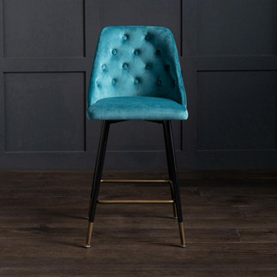 Belgravia Bar Stool Velvet Buttons Back Turquoise Seat Black Brass Base 66cm