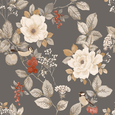 Belgravia Bramble Floral Charcoal Wallpaper Birds Leaves Flowers ...