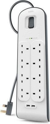Belkin Extension Lead with USB Slots x 2 (2.4 A Shared), 8 Way/8 Plug ...