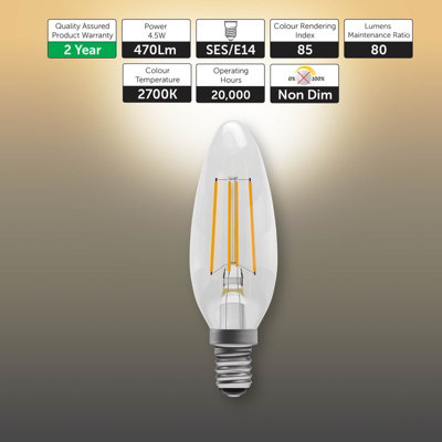 BELL Lighting 3 Pack E14 Filament Candle Bulbs 4.5W 470lm , Warm White ...