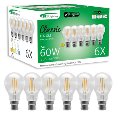 BELL Lighting 6 Pack B22 LED Filament GLS Bulbs 7W 810lm , Warm White ...