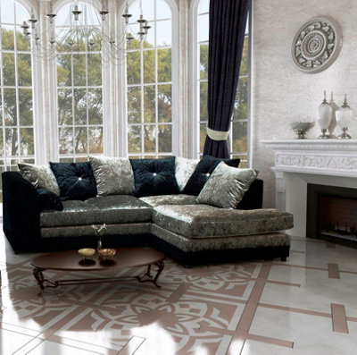 Bella Crushed Velvet Right Hand Facing Corner Sofa Black Silver