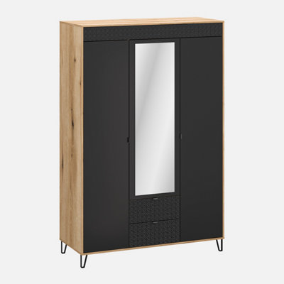 Bellano 3 Door 2 Drawers Wardrobe with Mirror - Evok Oak / Black