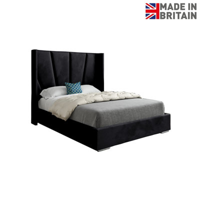 Bellini Wide Curved Winged Upholstered Soft Velvet Bed Frame - Black