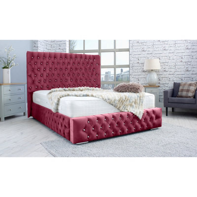 Bello Plush Bed Frame With Curved Headboard - Maroon | DIY at B&Q
