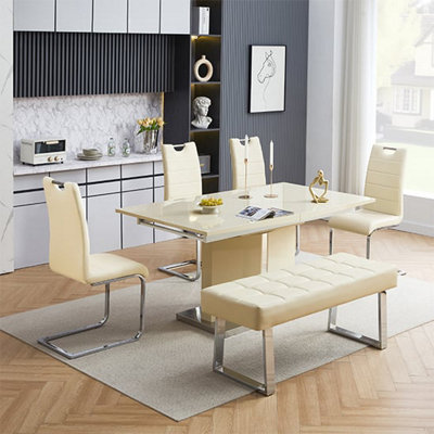 Belmonte Cream Dining Table Large 4 Petra Cream Chairs Bench