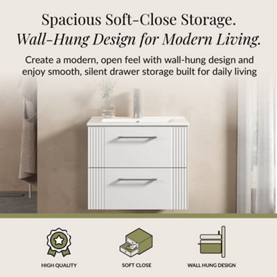 Belvide Partial Fluted 2 Drawer Wall Hung Vanity Unit with 1 Tap Hole ...