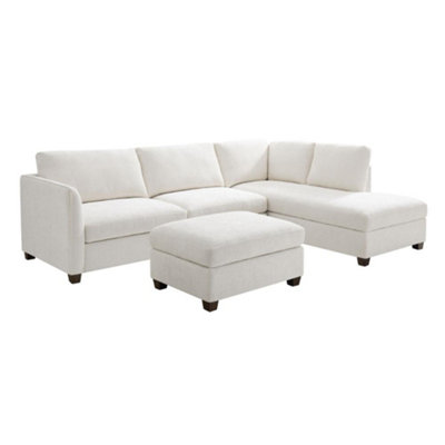 Ben Right-Hand Facing Corner Sofa With Footstool, Cream Chenille