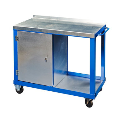 Benchmaster - Tool Trolley - 1000mm x 500mm x 840mm Galvanised Steel Top, Cupboard, Bottom Shelf ...
