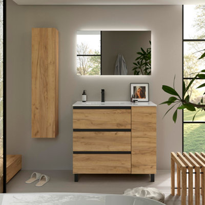 BEQUIA PLUS METAL 3C Vanity Unit 90cm Oak Basin Ceramic Left tap 1P