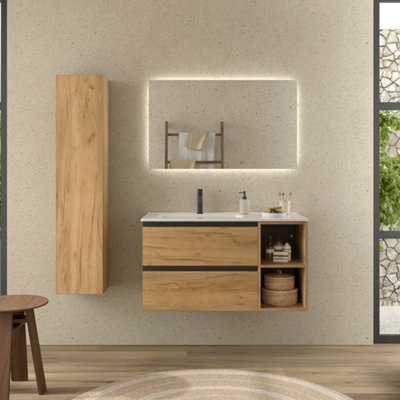 BEQUIA PLUS METAL Vanity Unit 90cm Oak Basin Ceramic Left tap 2H