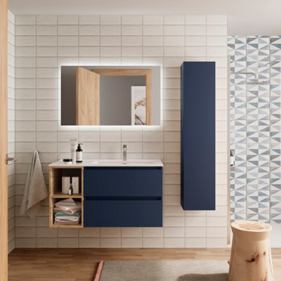 BEQUIA PLUS Vanity Unit 90cm Matt Blue / Oak Basin Ceramic Right tap 2H