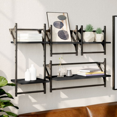 Berkfield 4 Piece Wall Shelf Set with Bars Black Engineered Wood