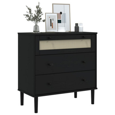 Berkfield Drawer Cabinet SENJA Rattan Look Black 80x40x80 cm Solid Wood ...