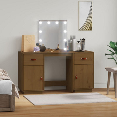 Berkfield Dressing Table Set with LED Honey Brown Solid Wood Pine
