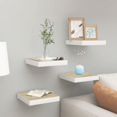 Berkfield Floating Wall Shelves 4 pcs Oak and White 23x23.5x3.8 cm MDF ...