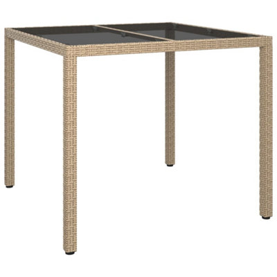 Berkfield Garden Table 90x90x75 cm Tempered Glass and Poly Rattan Beige