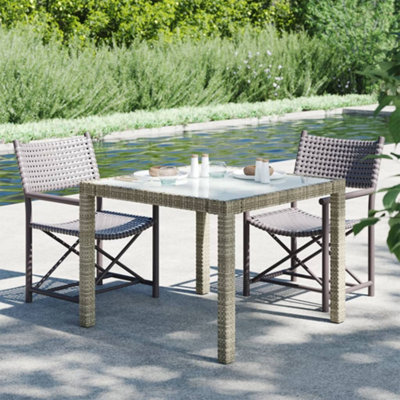 Berkfield Garden Table 90x90x75 cm Tempered Glass and Poly Rattan Grey