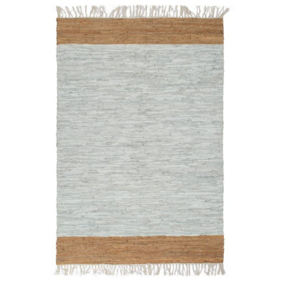 Berkfield Hand-woven Chindi Rug Leather 80x160 cm Light Grey and Tan ...