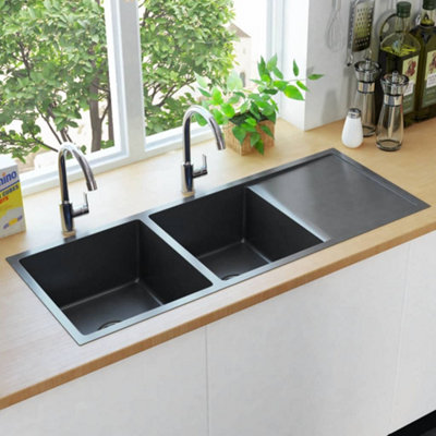 Berkfield Handmade Kitchen Sink with Strainer Black Stainless Steel ...