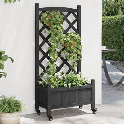 Berkfield Planter with Trellis and Wheels Black Solid Wood Fir