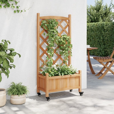 Berkfield Planter with Trellis and Wheels Brown Solid Wood Fir