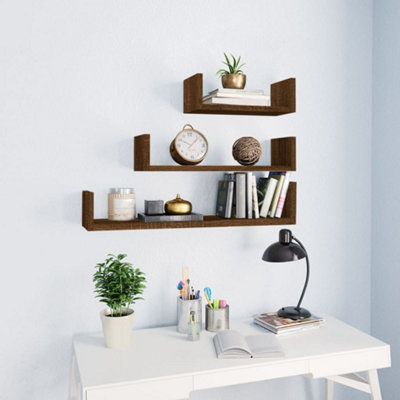 Berkfield Wall Display Shelves 3 pcs Brown Oak Engineered Wood | DIY at B&Q
