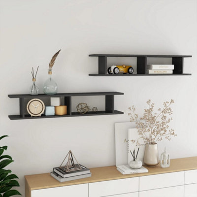 Berkfield Wall Shelf 2pcs High Gloss Grey 105x18x20cm Engineered Wood ...