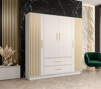 Berlin 7 Contemporary 4 Door Wardrobe 2 Drawers 8 Shelves 1 Rail in White with Golden