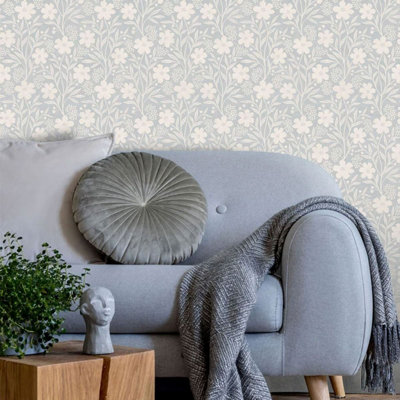 Berry Floral Soft Blue Wallpaper