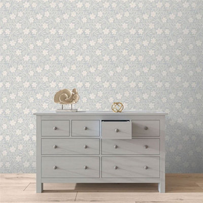 Berry Floral Soft Blue Wallpaper