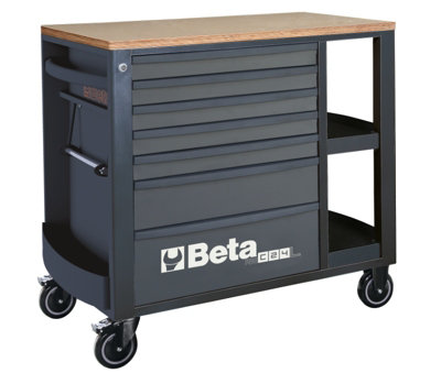 Beta Tools RSC24L 7-A Grey Mobile 7-Drawer Side Shelves Wood Top Roller Cab