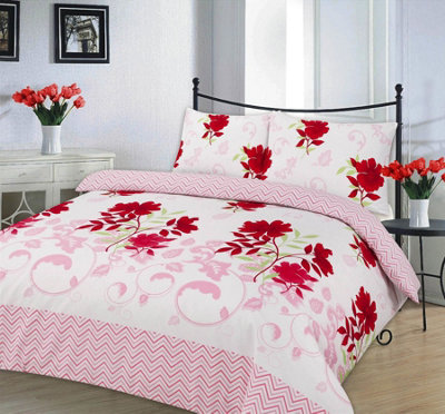Bethany Red Floral Duvet Cover Set Reversible Zig Zag Bedding | DIY at B&Q