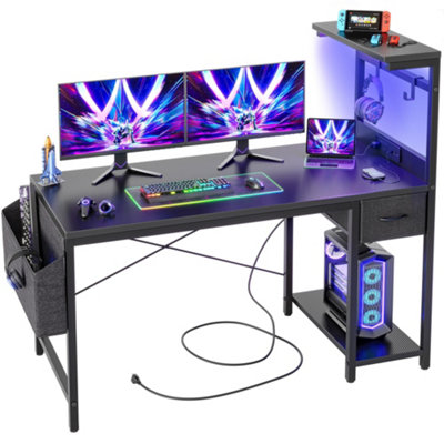 BEXEVUE Black LED Computer Desk with Power Outlets, 120x50cm Gaming ...