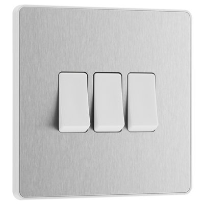 BG Evolve 20A Triple Wall Light Switch, 2 Way, Screwless Brushed Steel