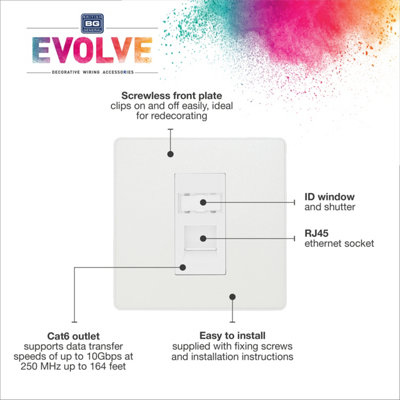 BG Evolve Single RJ45 Cat 6 Outlet Ethernet Socket Pearl White ...