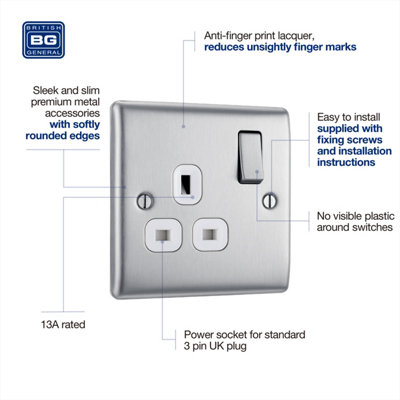 BG NBS21W Nexus Metal Brushed Steel 1 Gang 13A Switched Socket - White ...