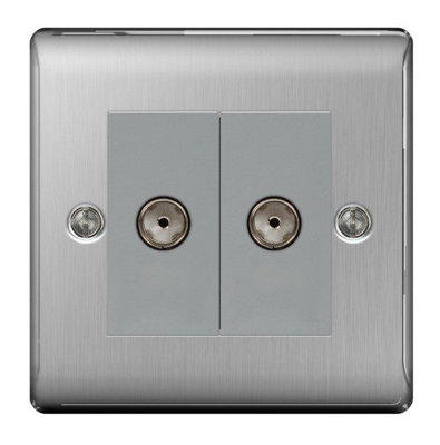 BG Nexus Metal Brushed Steel Double Socket For TV Or FM Co-Axial Connection