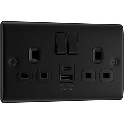 BG Nexus Metal Double Switched Socket USB- A&C, 12W, Matt Black | DIY ...