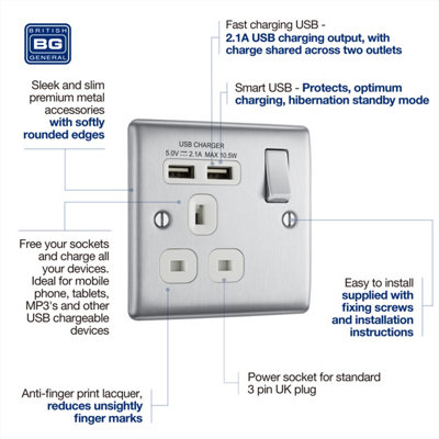 BG Nexus Metal Single 1 Gang Plug Socket with 2 x USB Outlet White ...