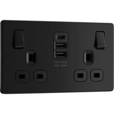 BG Screwless Flatplate Matt Black, 13A Double Switched Socket with 2 x ...